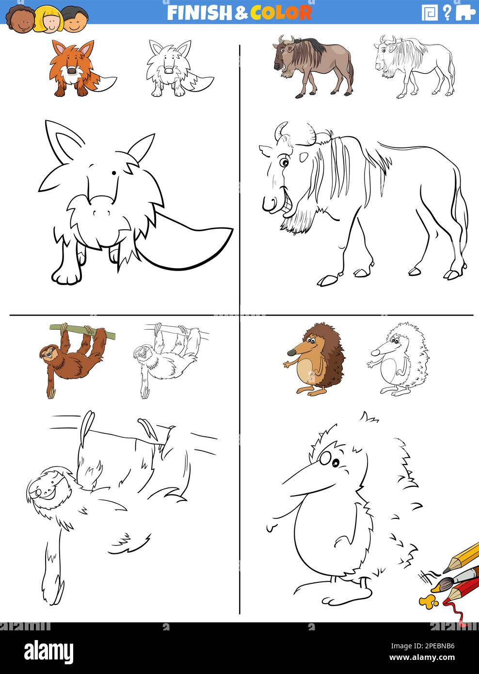 Cartoon illustration of drawing and coloring educational worksheets set ...