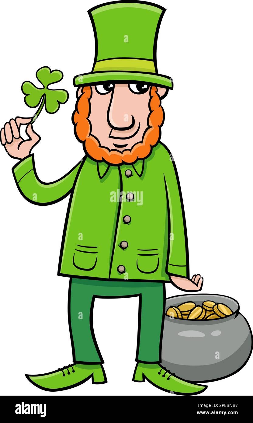 Cartoon illustration of Leprechaun fantasy character with clover and ...