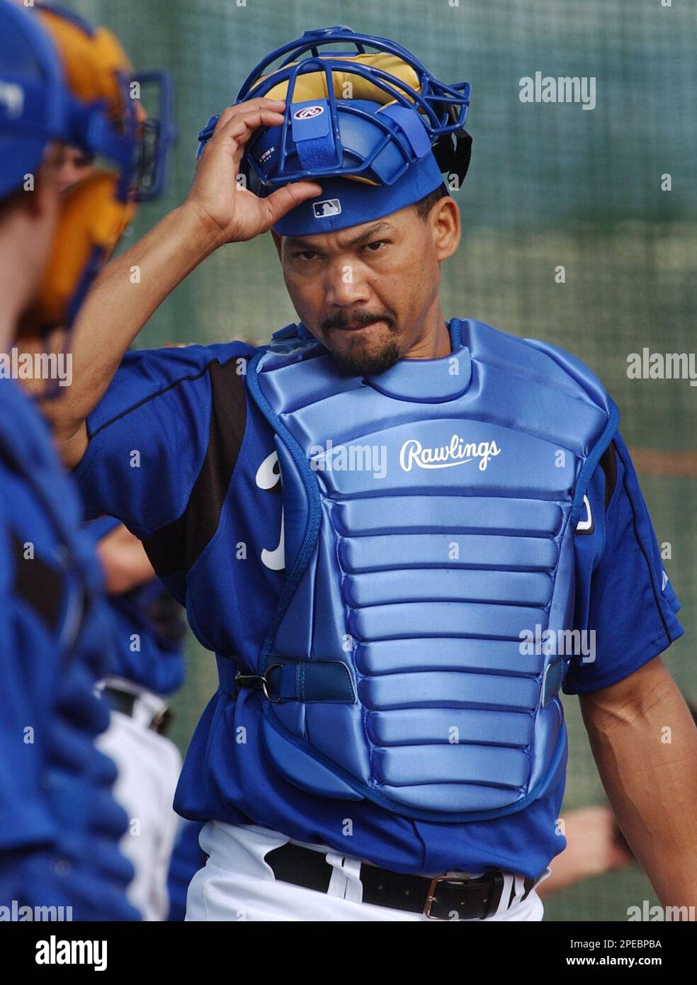 Kansas City Royals catcher Alberto Castillo talks with teammate John ...