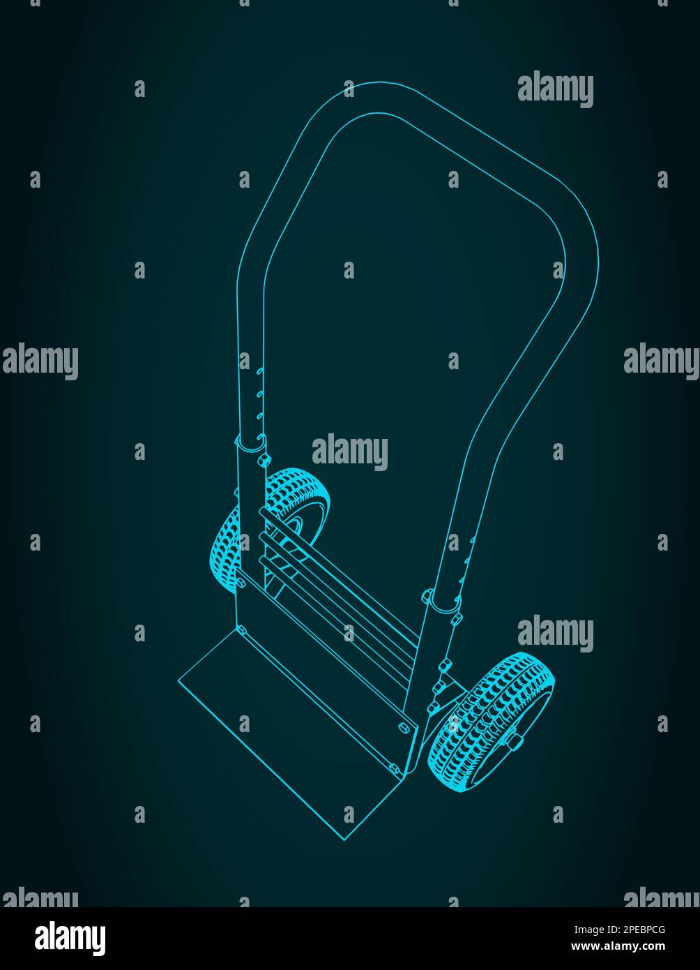Stylized vector illustration of blueprints of hand trolley with rubber ...
