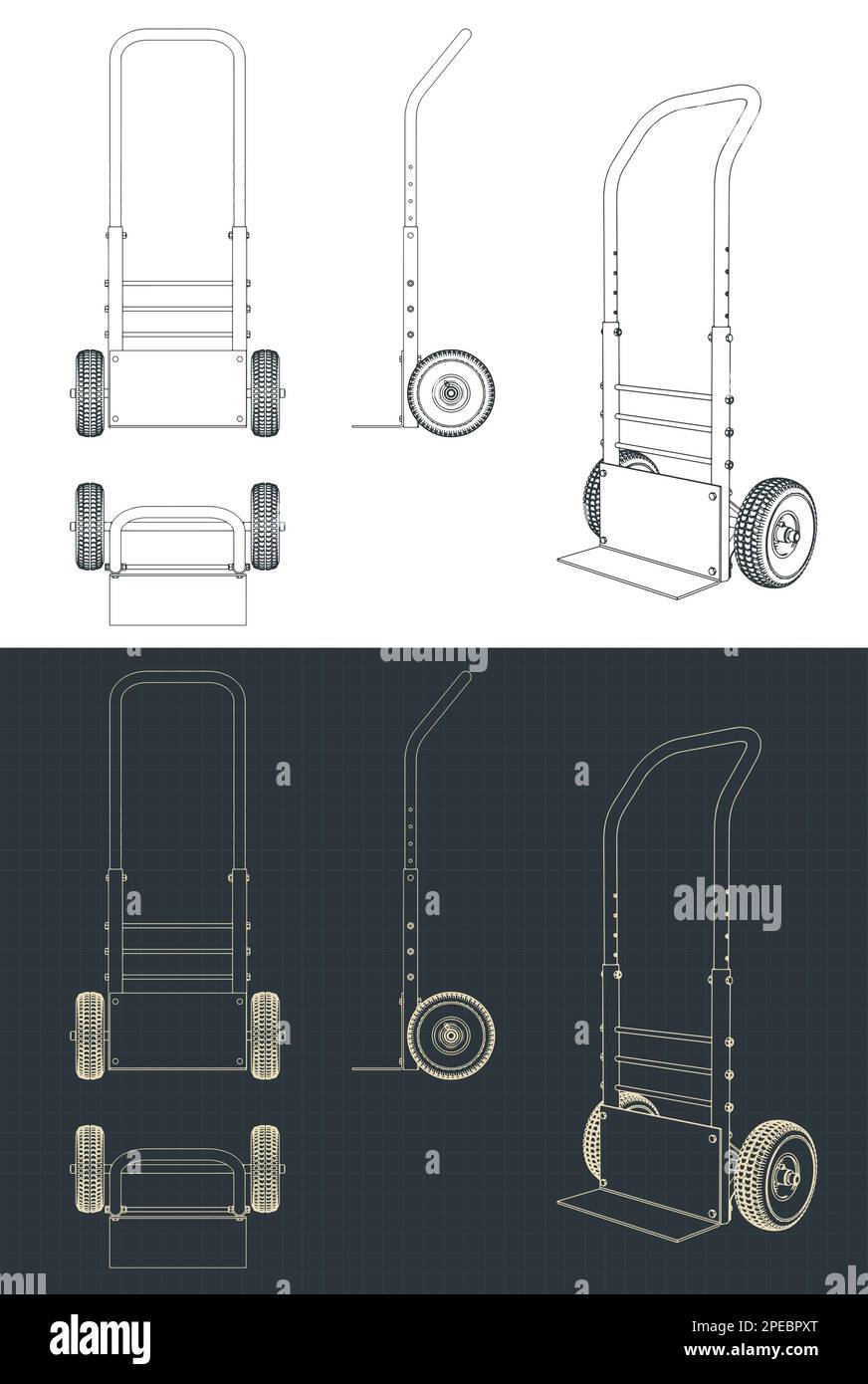 Stylized vector illustration of blueprints of hand trolley with rubber ...