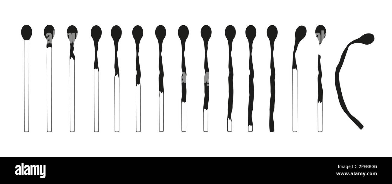Black burned matches. Whole and burning matchstick with fire, stick ...