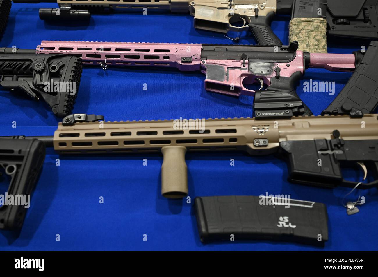 New York, USA. 15th Mar, 2023. Guns and assault weapons on display at a ...