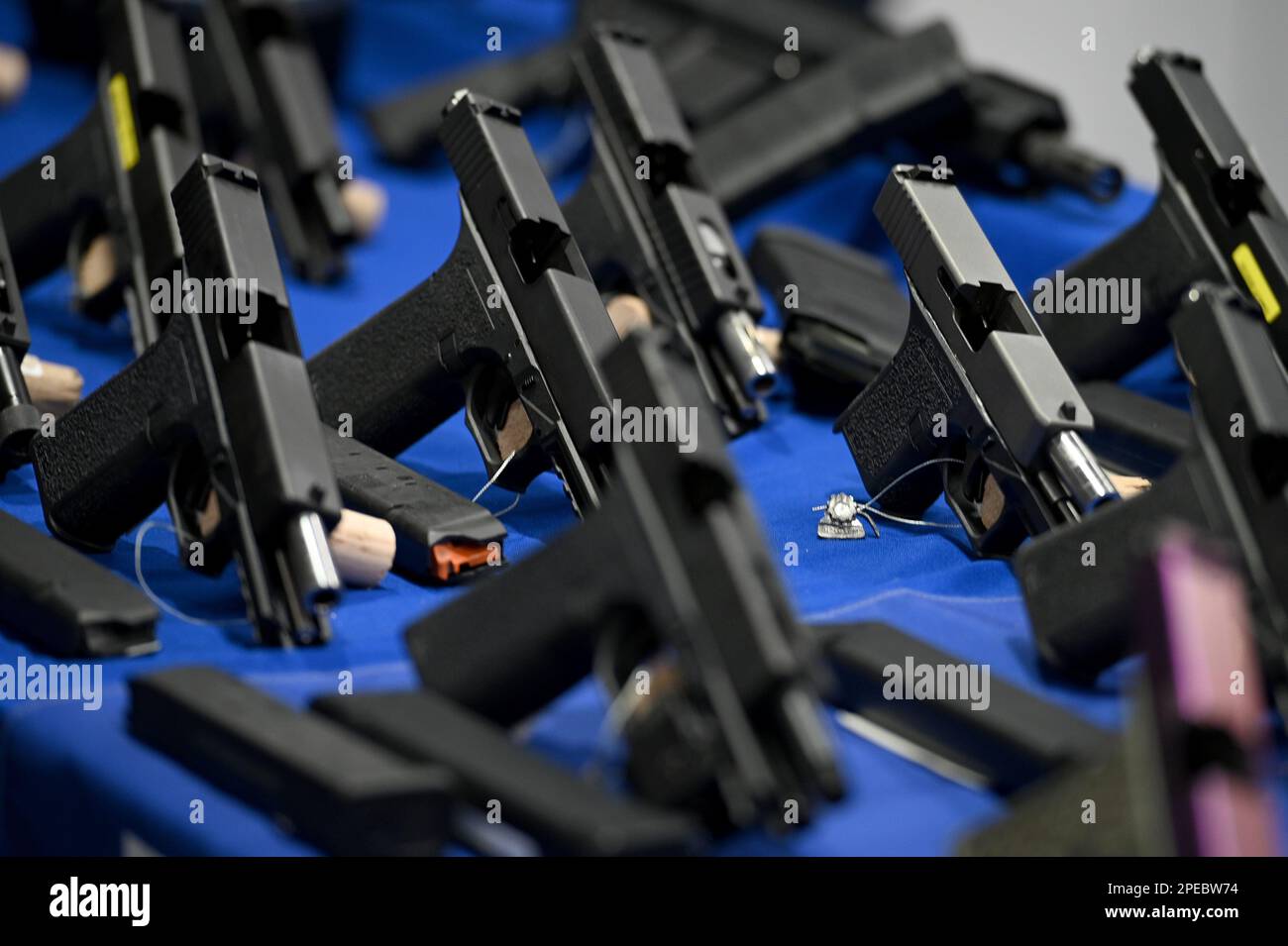 New York, USA. 15th Mar, 2023. Guns and assault weapons on display at a ...
