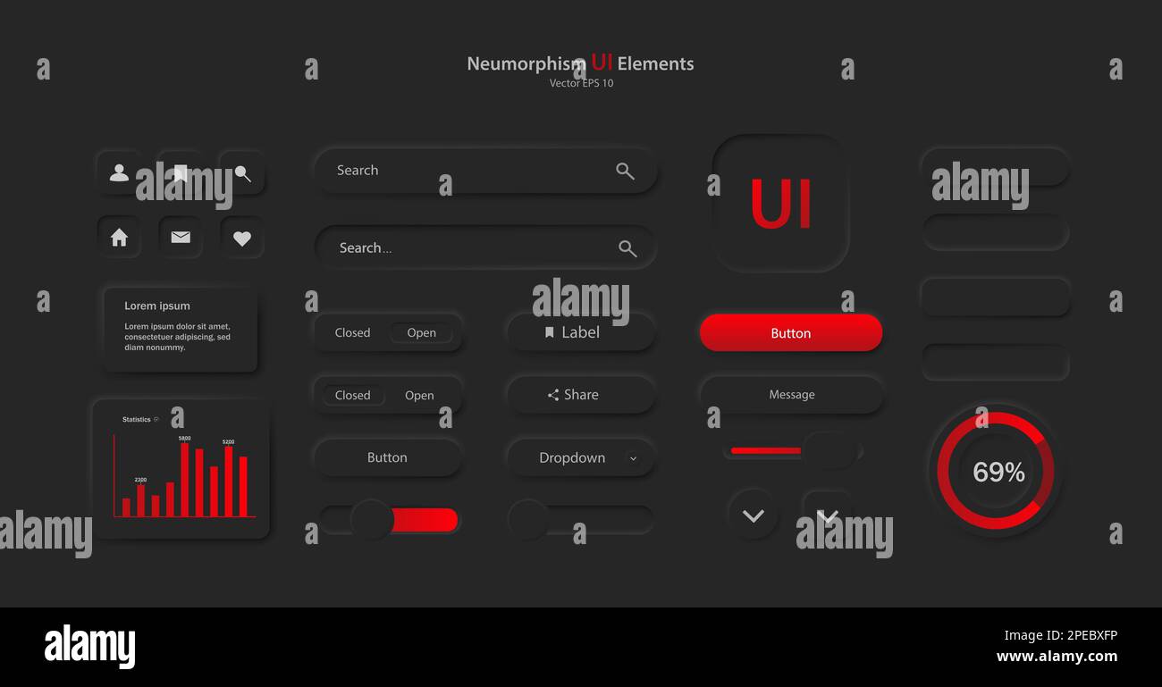 A collection of icons for user interface development in black and red ...