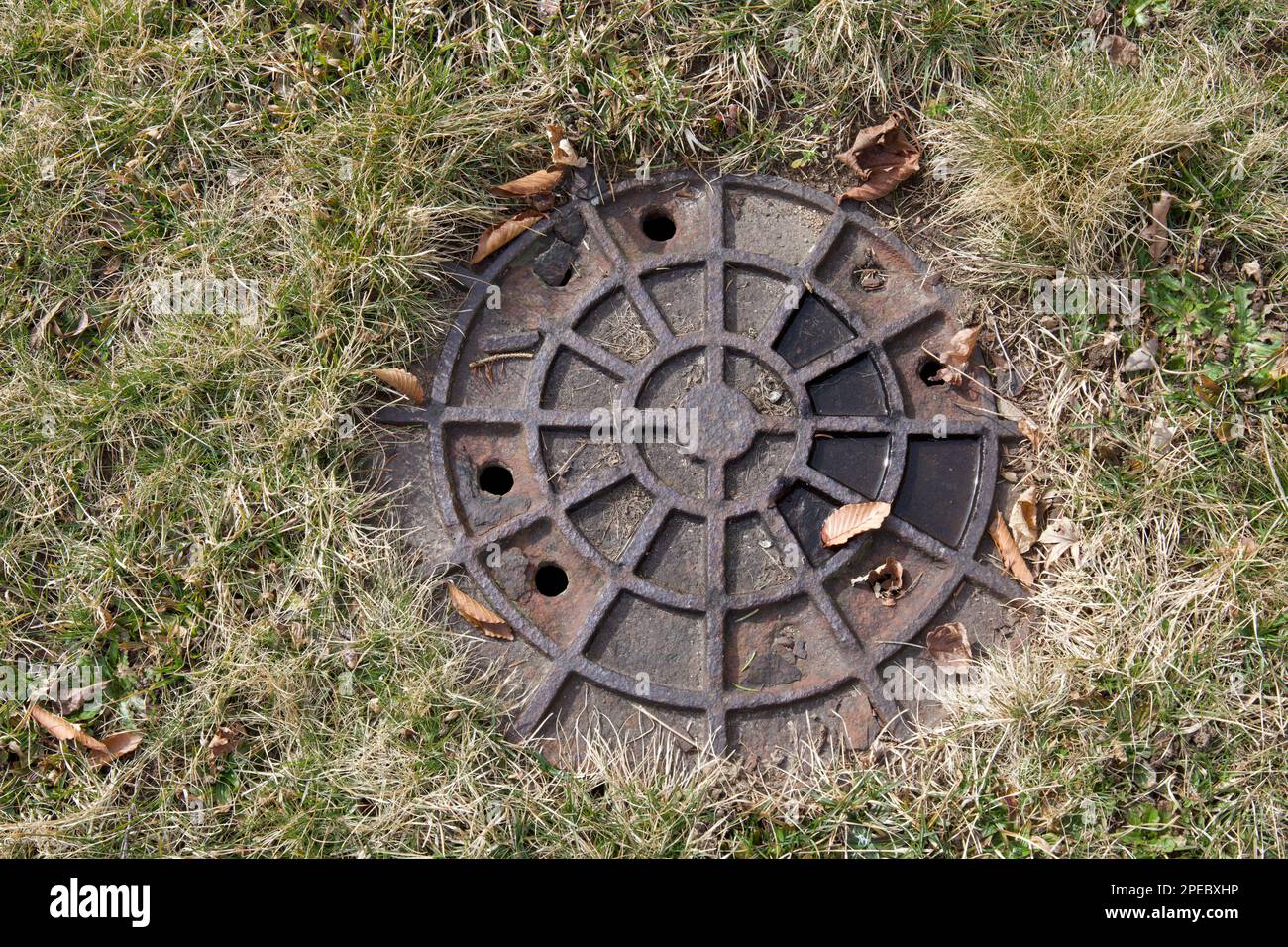 Old sewer or utility cap, rusted. Sitting in the grass with dried ...