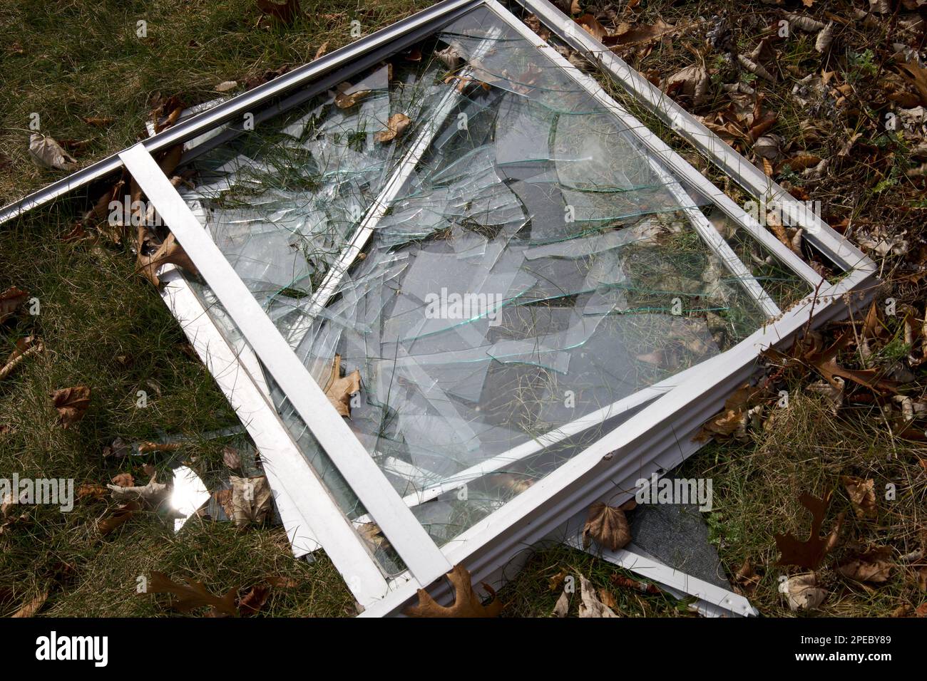 Fallen, broken window with lots of cracked glass on grass with some ...