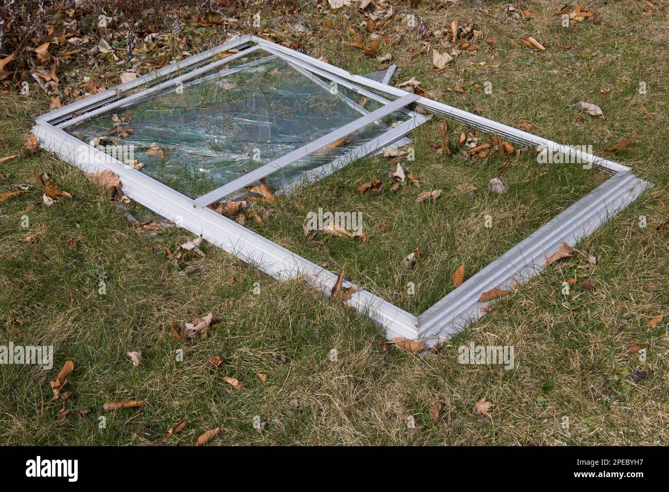 Fallen, broken window with lots of cracked glass on grass with some ...