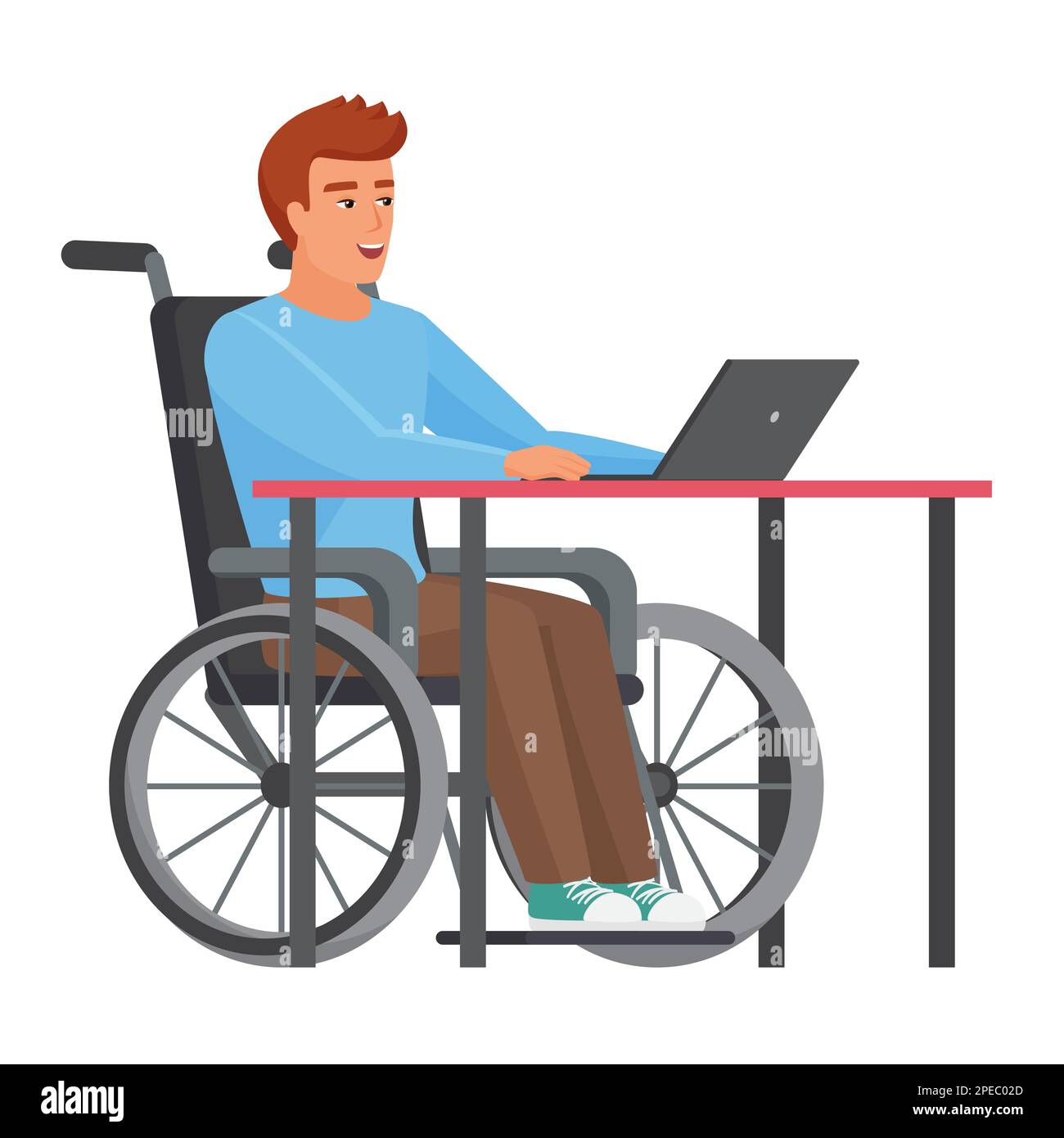 Boy using wheelchair and working on laptop. Employee with walking ...