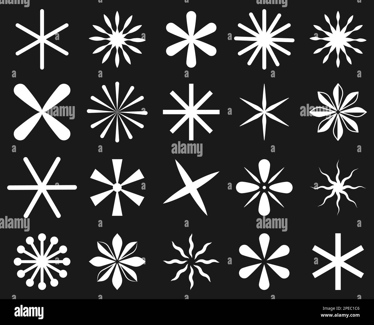 Set of white asterisks icons. Vector illustration isolated on black ...