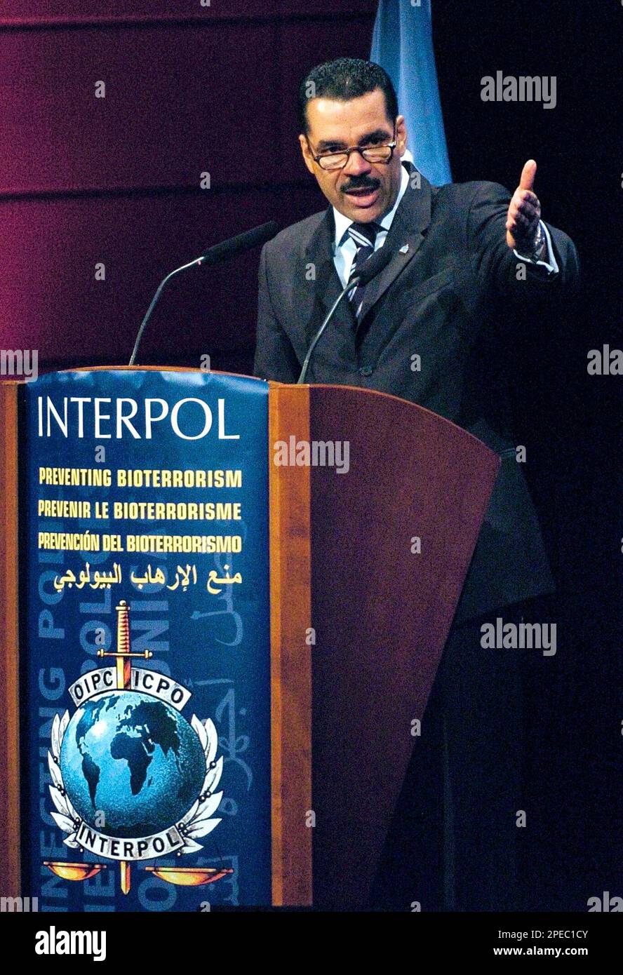 Interpol Secretary General Ronald K. Noble delivers a speech in Lyon ...