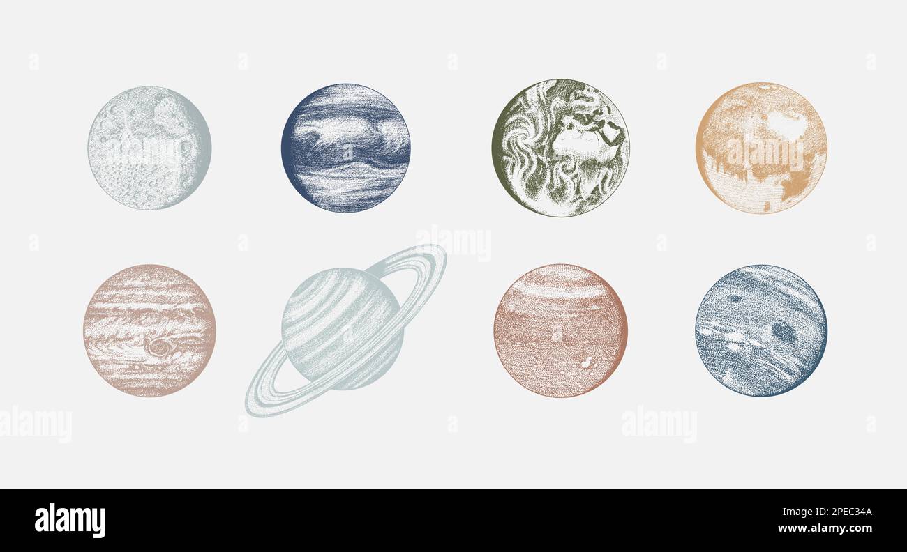 Planets in solar system. Moon and the sun, mercury and earth, mars and ...