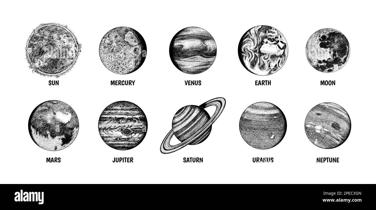 Planets in solar system. Moon and the sun, mercury and earth, mars and ...