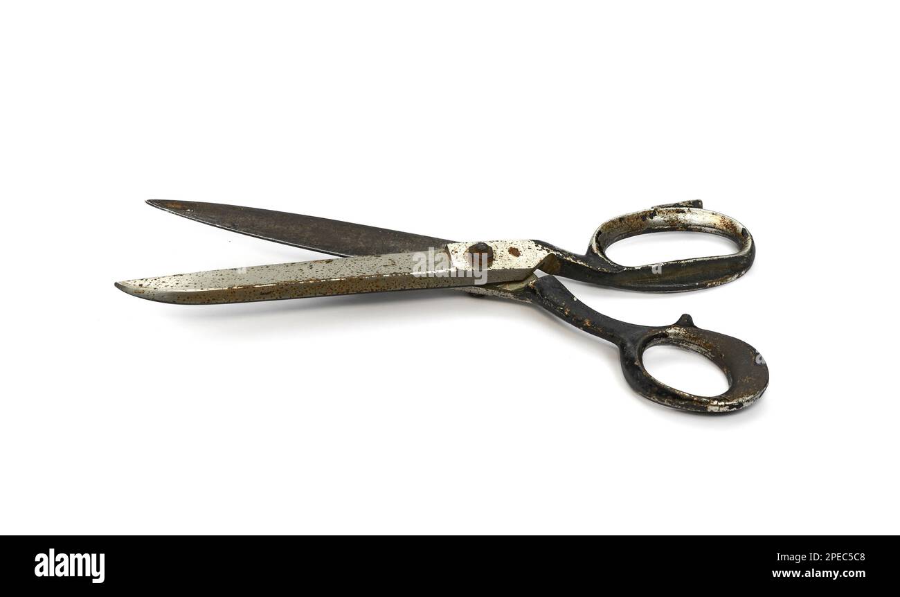 Open old tailor shears isolated on white background Stock Photo - Alamy