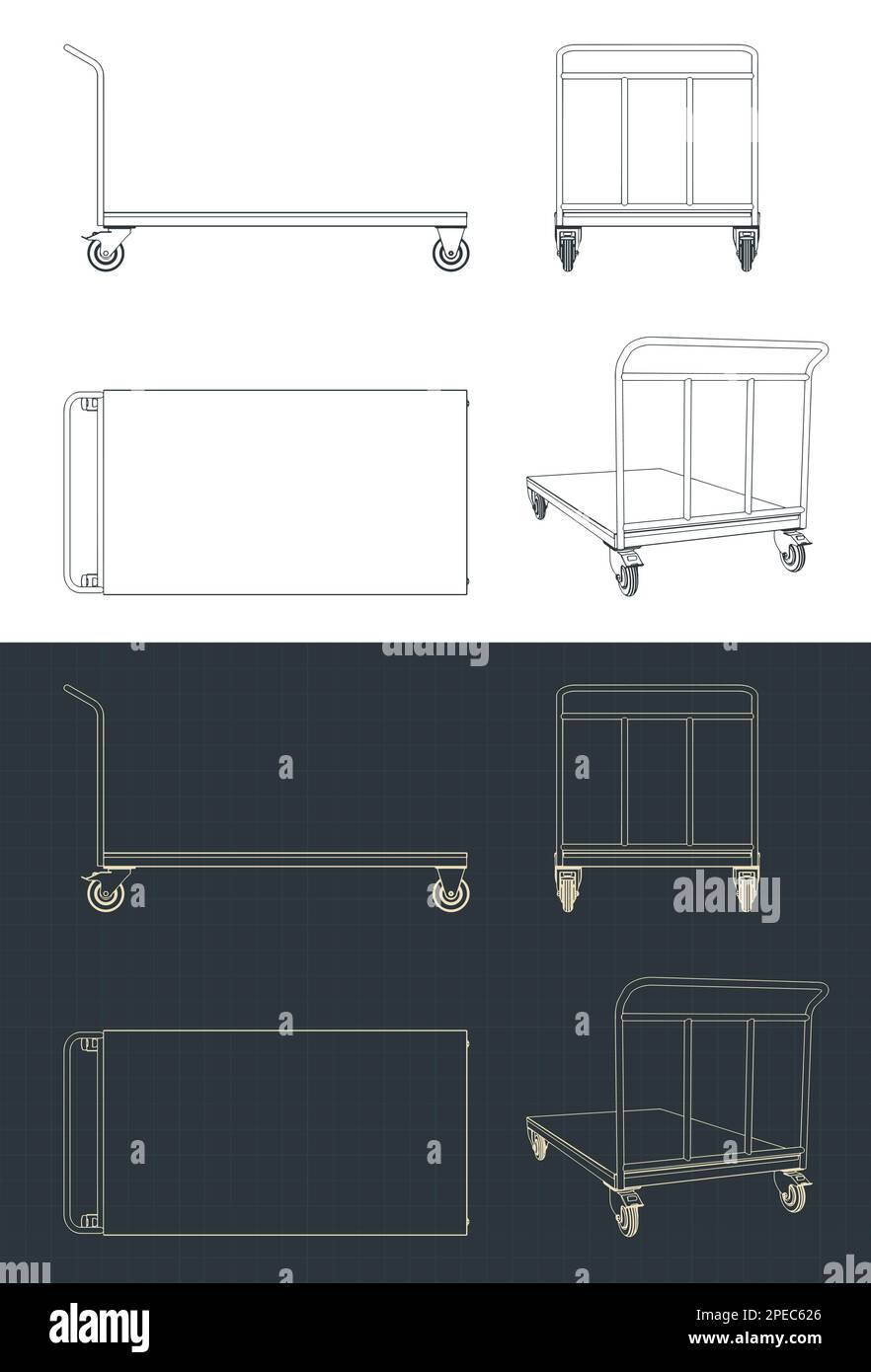 Stylized vector illustration of blueprints of platform trolley Stock ...
