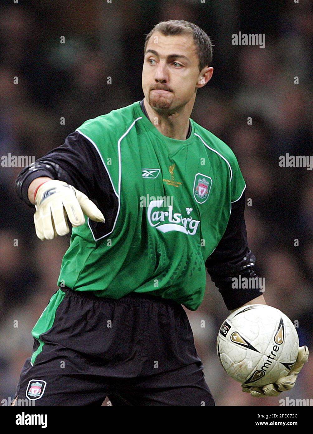 Liverpool goalkeeper Jerzy Dudek throws the ball out during their ...