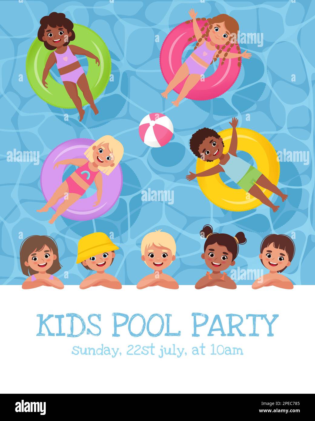 Kids Pool Party Poster. Children swimming in the pool on rubber rings ...