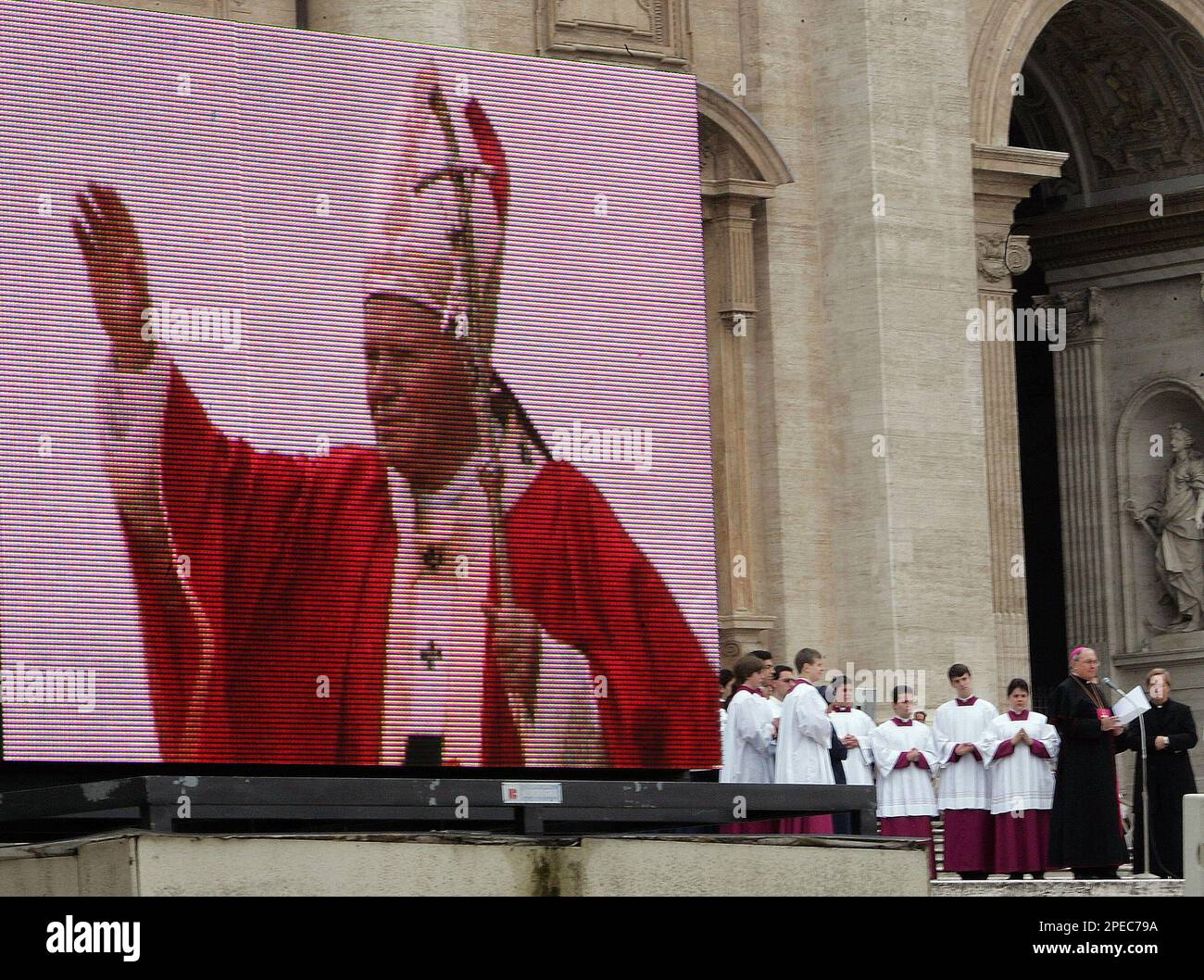 A picture of Pope John Paul II is seen during a Sunday Angelus prayer ...