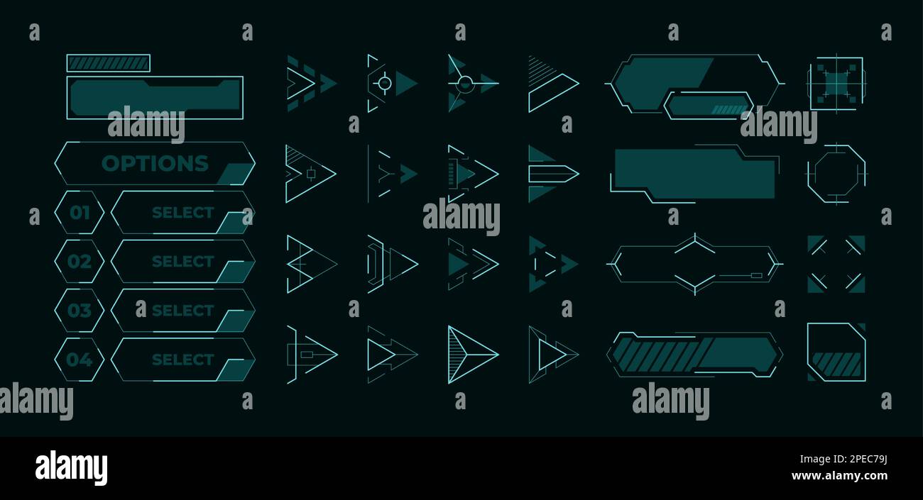 Futuristic menu elements. HUD buttons frames arrows and cursors for start screen game or ...