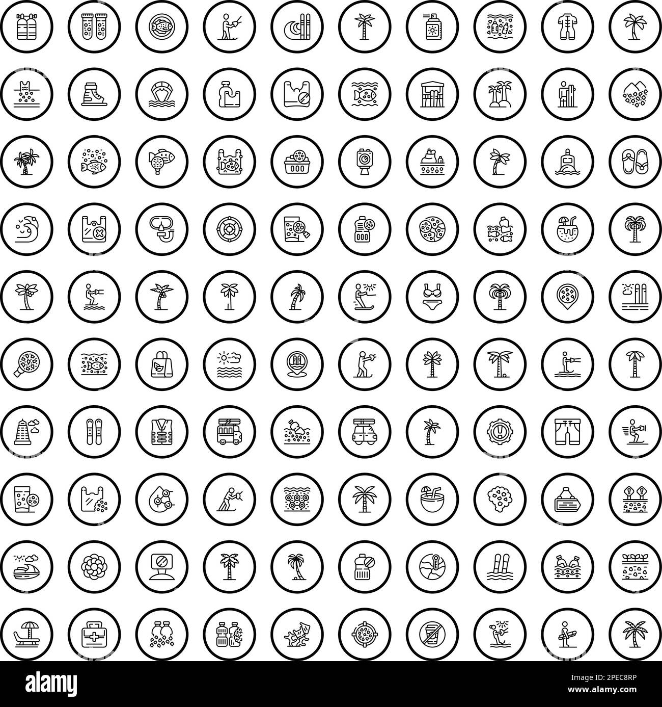 100 beach icons set. Outline illustration of 100 beach icons vector set ...