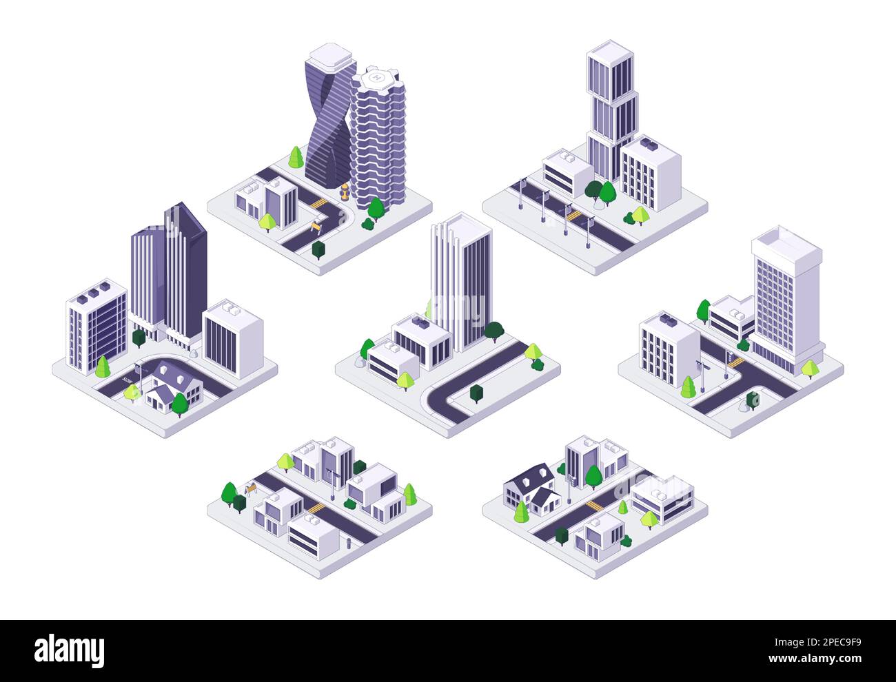Isometric city streets. Town quarter with skyscrapers apartment and ...