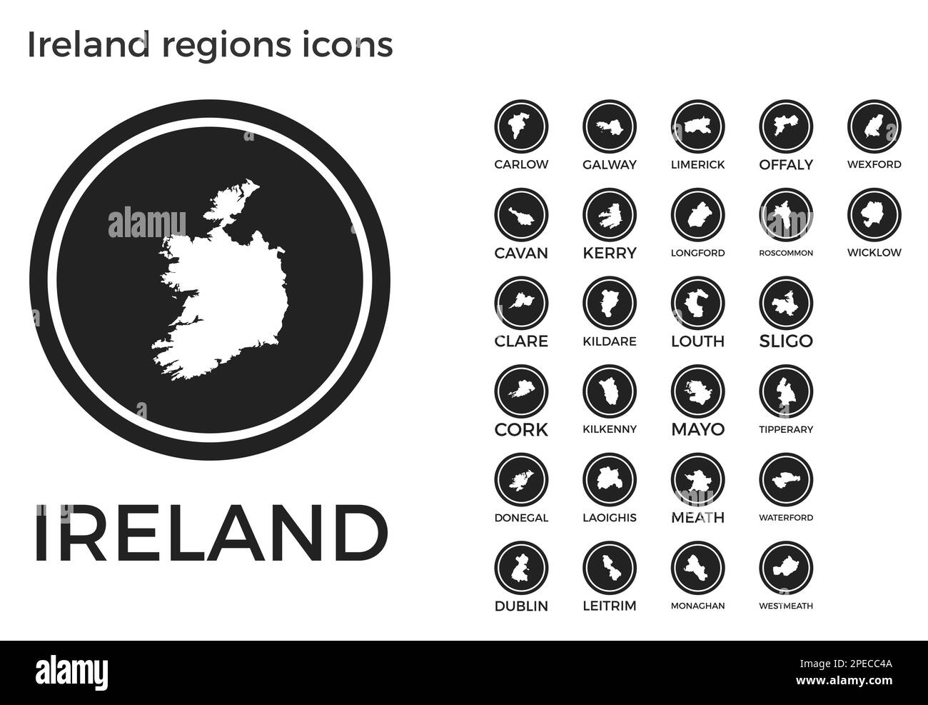 Ireland regions icons. Black round logos with country regions maps and ...