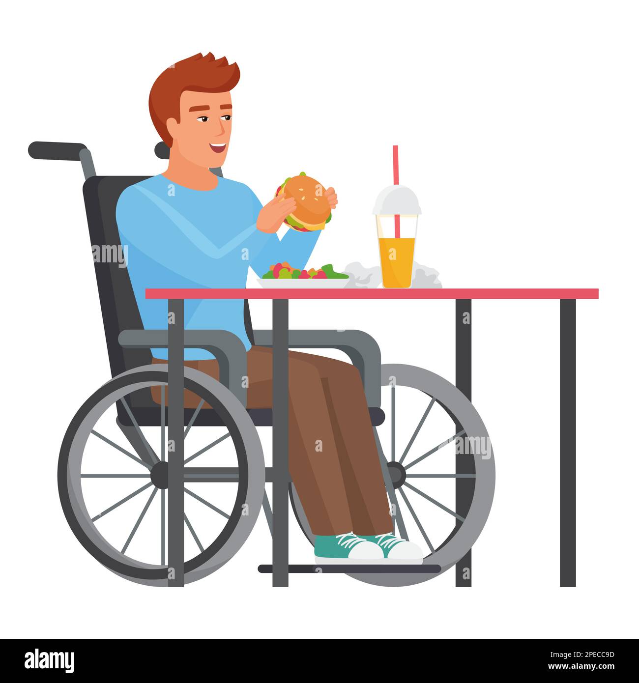 Boy sitting in wheelchair and eating. Disable man with walking problems ...