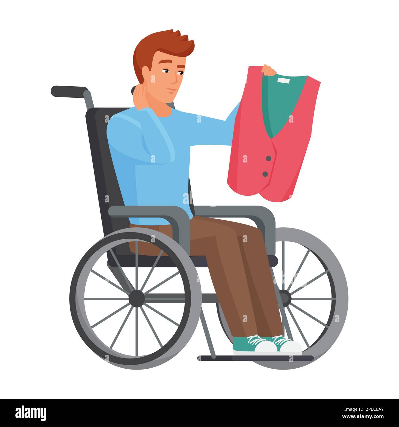 Disabled boy choosing outfit. Man sitting in wheelchair vector cartoon ...
