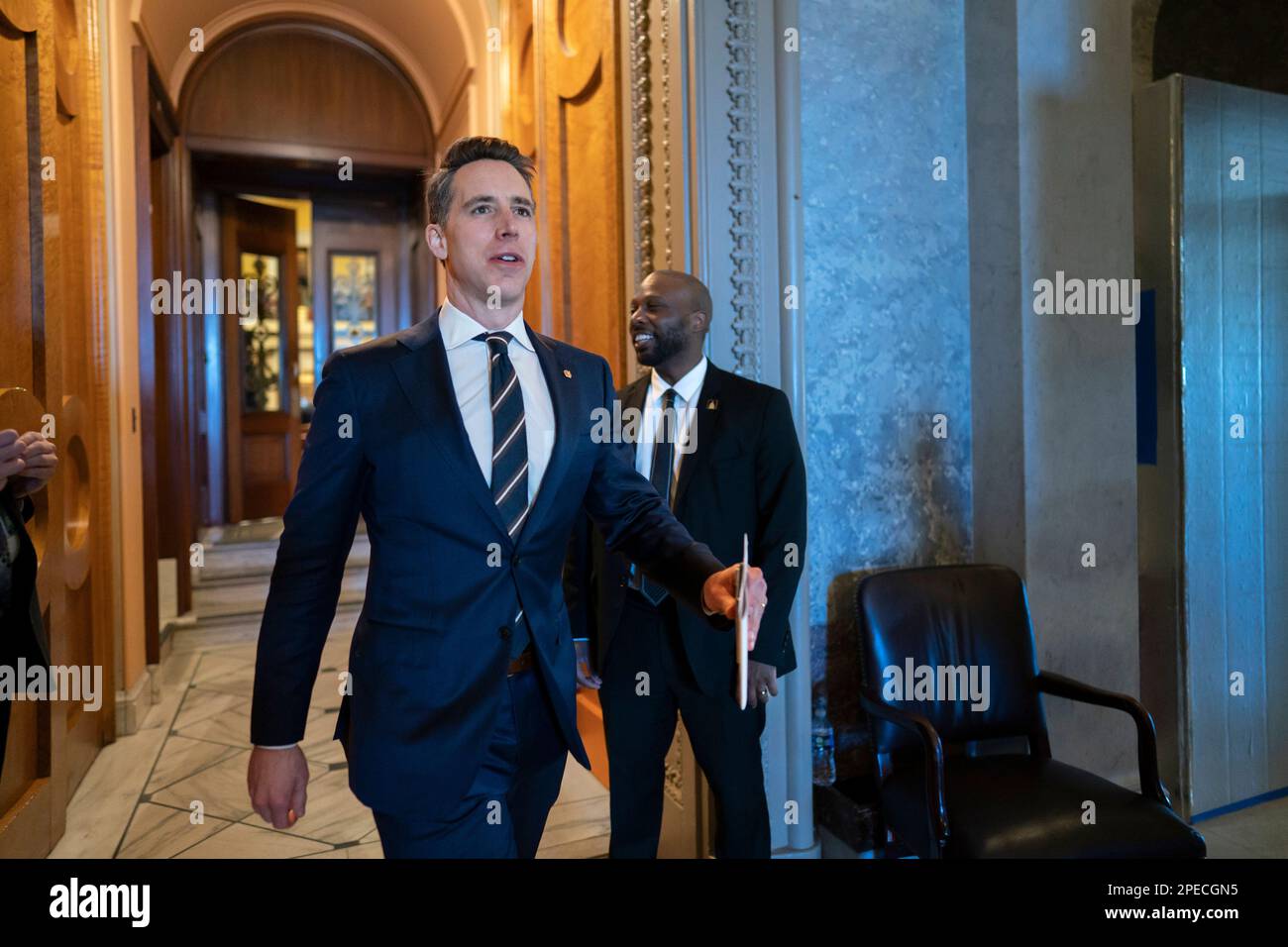 Sen. Josh Hawley, R-Mo., departs the chamber during the vote to confirm ...