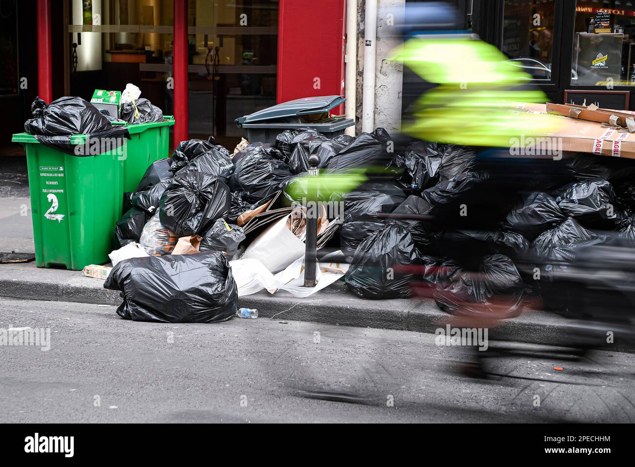 Full bins on March 15, 2023 in Paris, France. A strike by waste collectors in France has led to ...