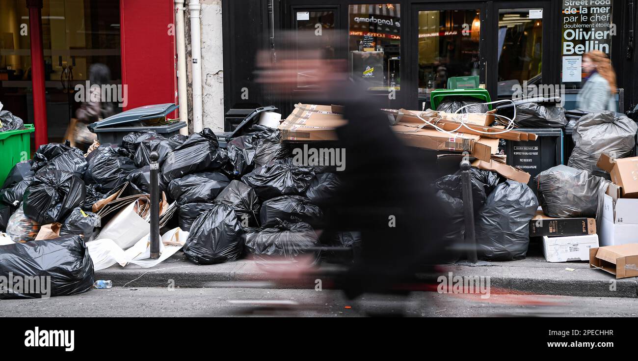 Full bins on March 15, 2023 in Paris, France. A strike by waste collectors in France has led to ...