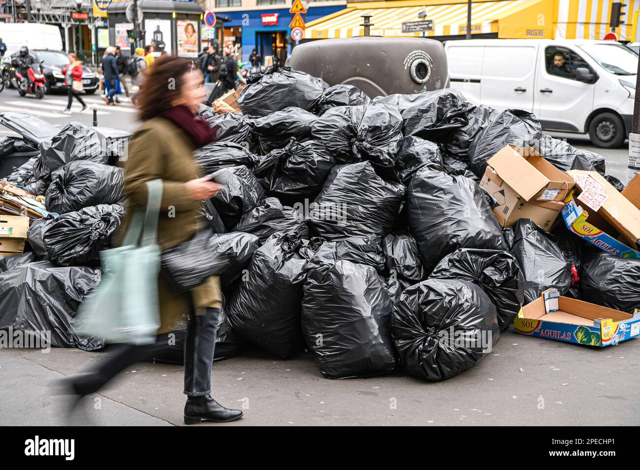 Full bins on March 15, 2023 in Paris, France. A strike by waste collectors in France has led to ...