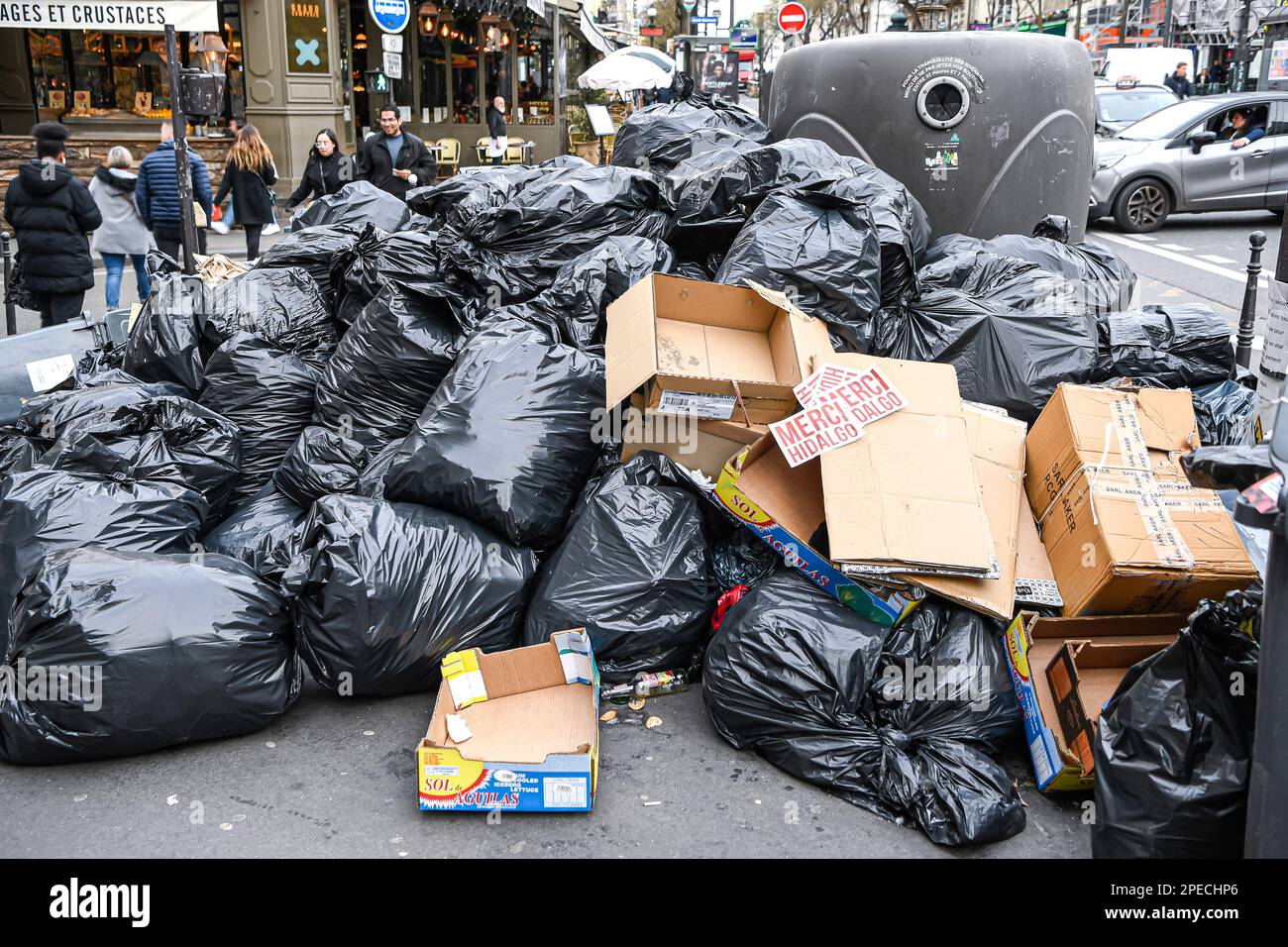 Full bins on March 15, 2023 in Paris, France. A strike by waste collectors in France has led to ...