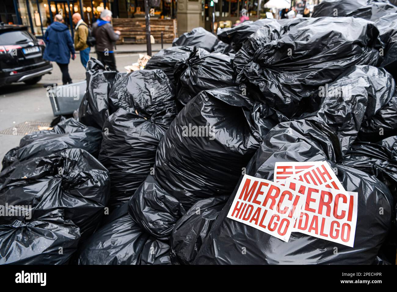 Full bins on March 15, 2023 in Paris, France. A strike by waste collectors in France has led to ...