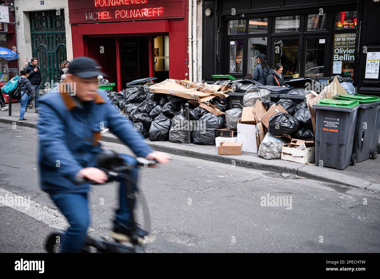 Full bins on March 15, 2023 in Paris, France. A strike by waste collectors in France has led to ...