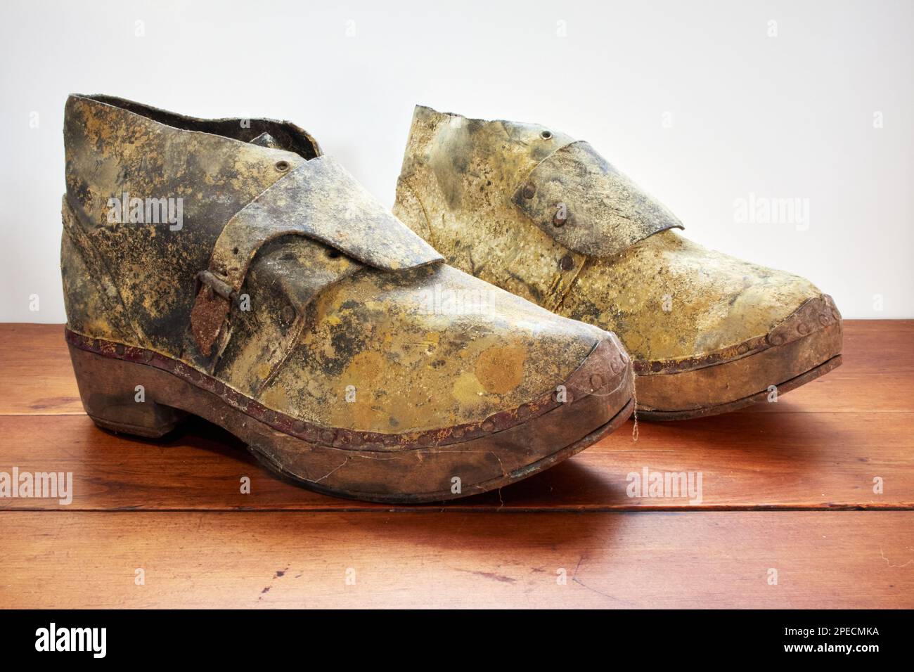 hobnail farm boots circa WW1, with mold and wooden soles Stock Photo ...