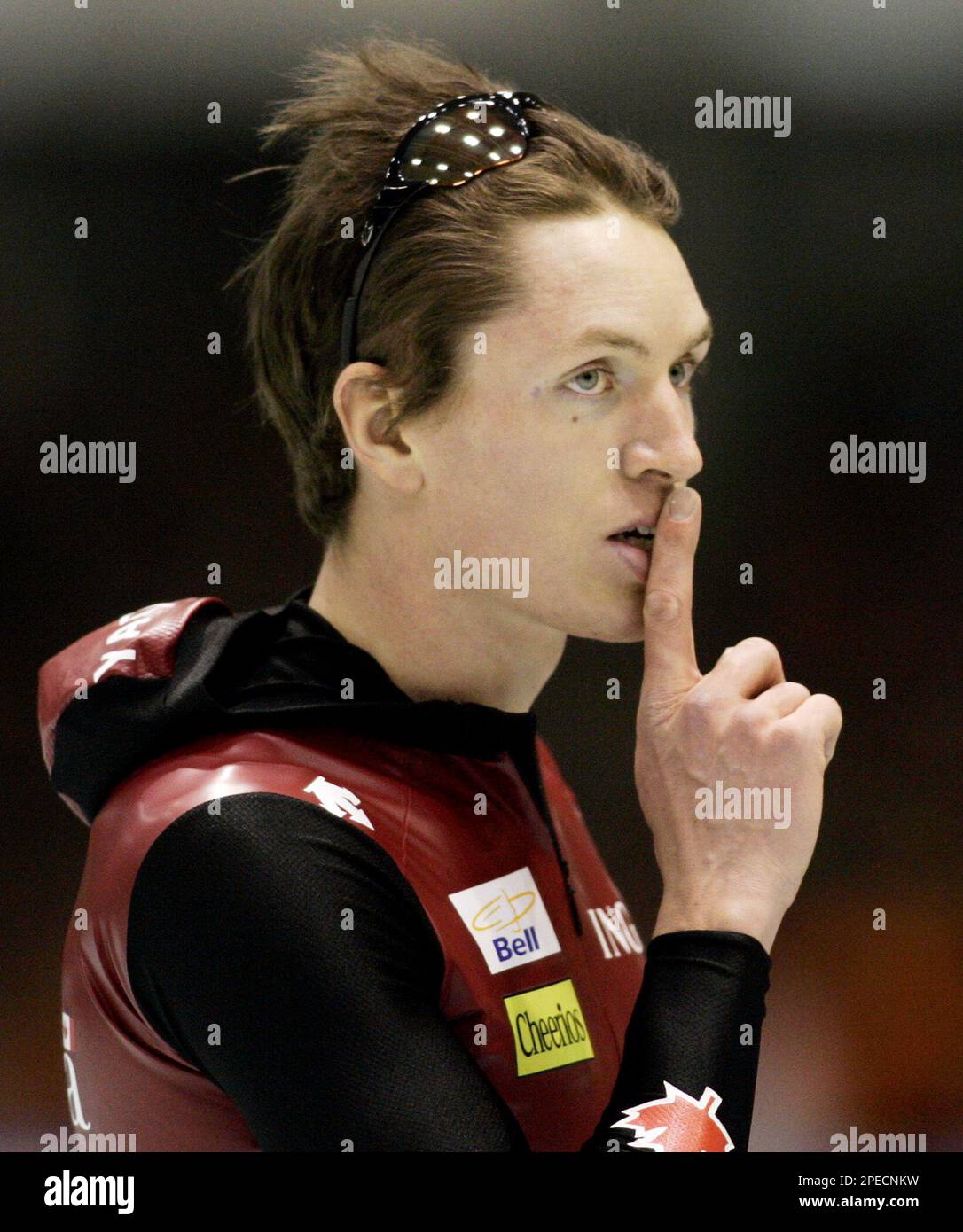 Jeremy Wotherspoon of Canada reacts after his winning race at the 500 ...