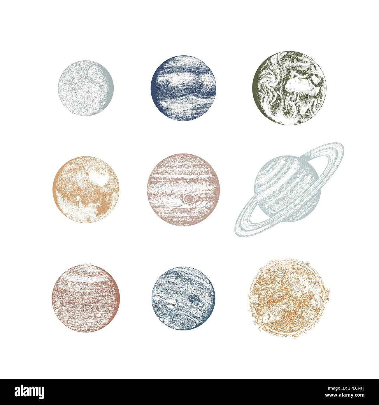 Planets in solar system. Moon and the sun, mercury and earth, mars and venus, jupiter or saturn ...