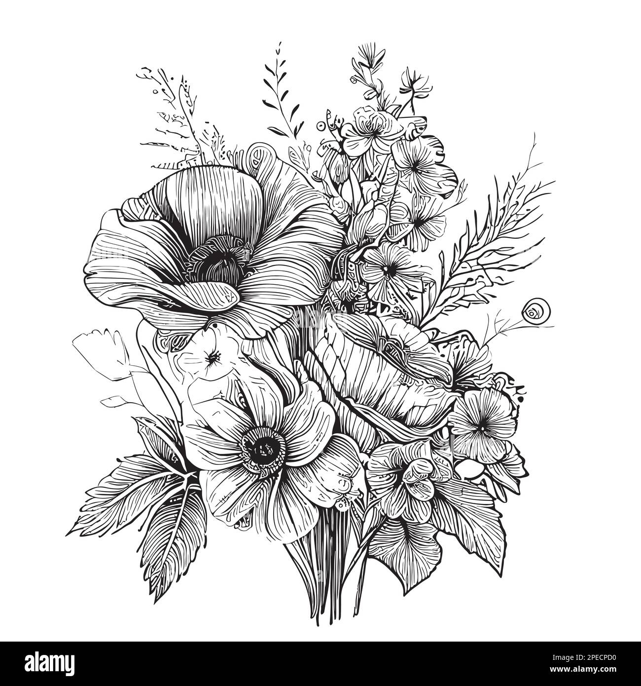 Bouquet of flowers in boho style sketch hand drawn illustration Stock ...
