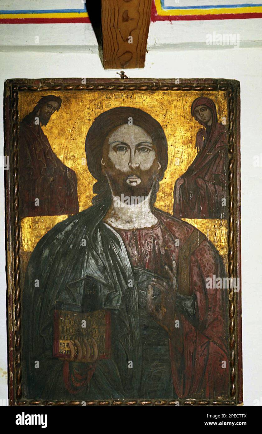Old wooden icon portraying Jesus Christ (Christ Pantocrator Stock Photo ...