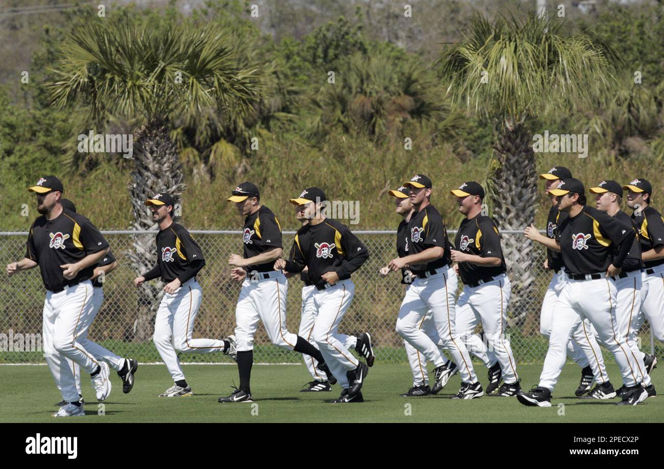Pittsburgh Pirates players jog around the outfield, Friday, Feb. 18 ...