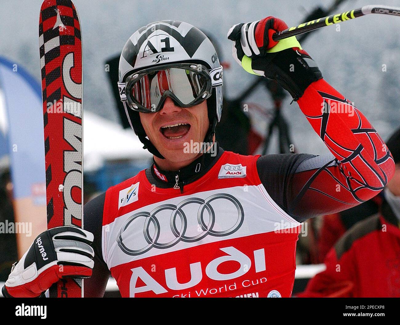 Austria's Michael Walchhofer reacts at finish line after winning a ...