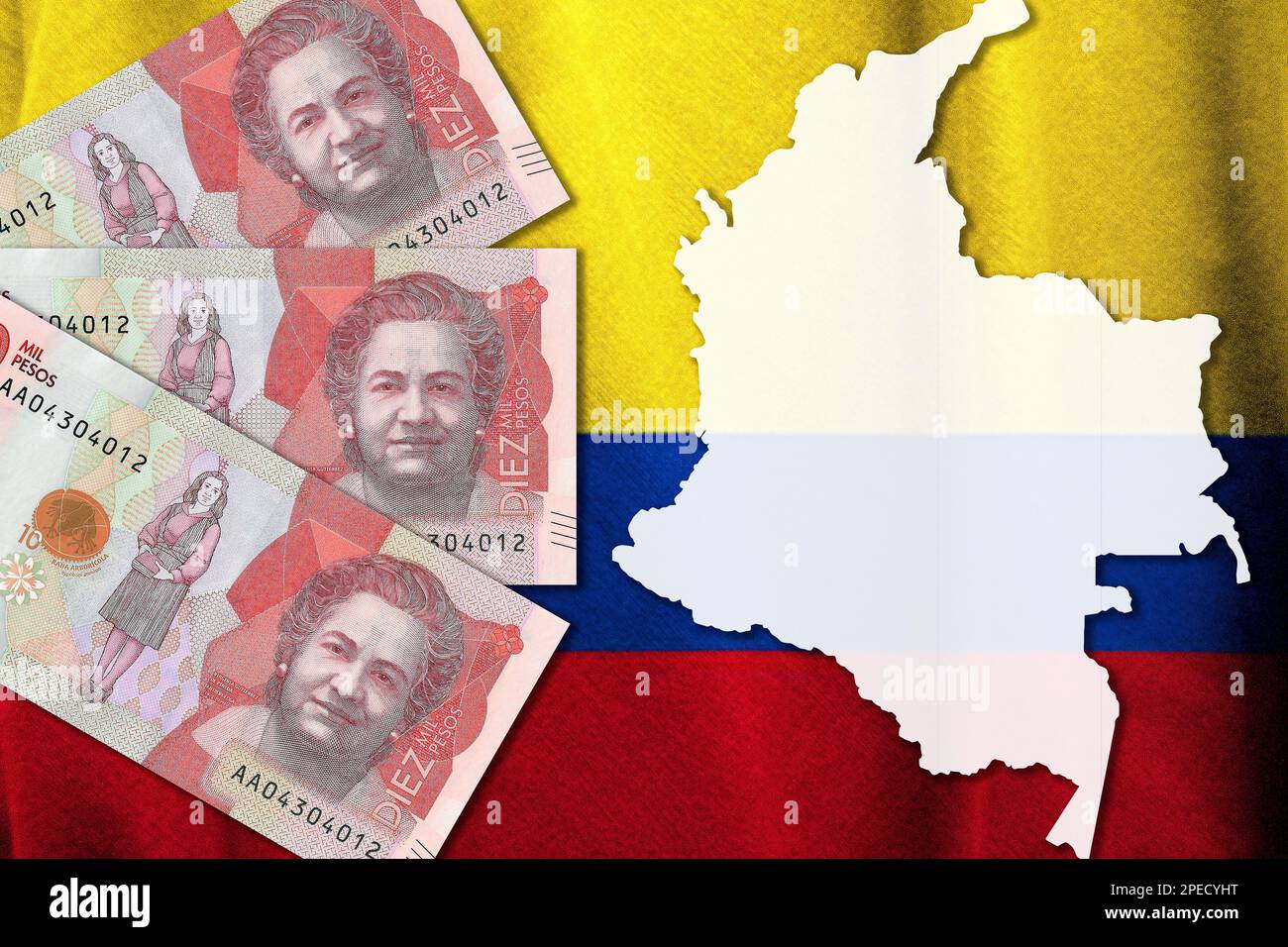 Banknotes of 10,000 Colombian pesos in cash, flag and map of Colombia ...