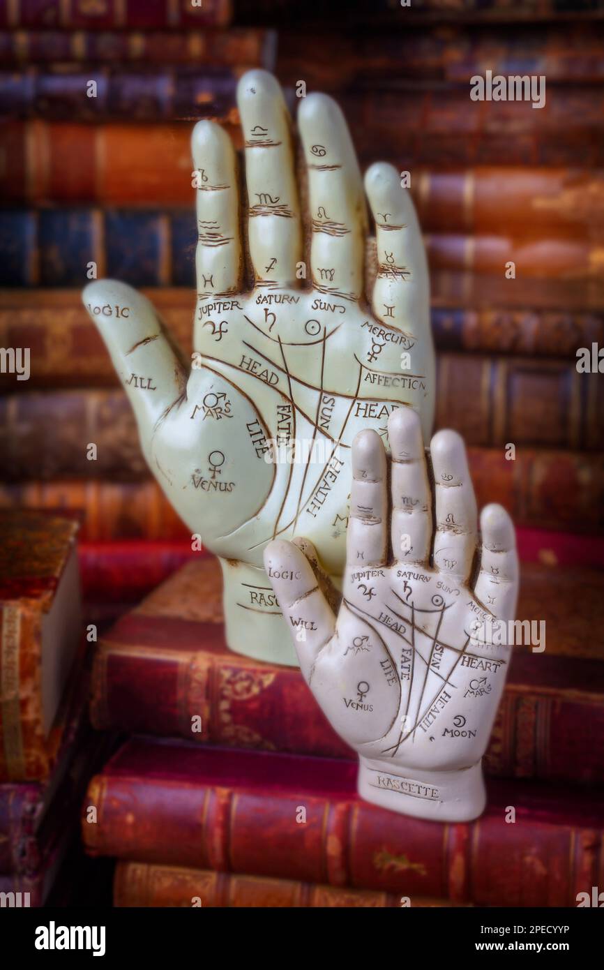 Palm Reading Hands On Old Books Still Life Stock Photo - Alamy