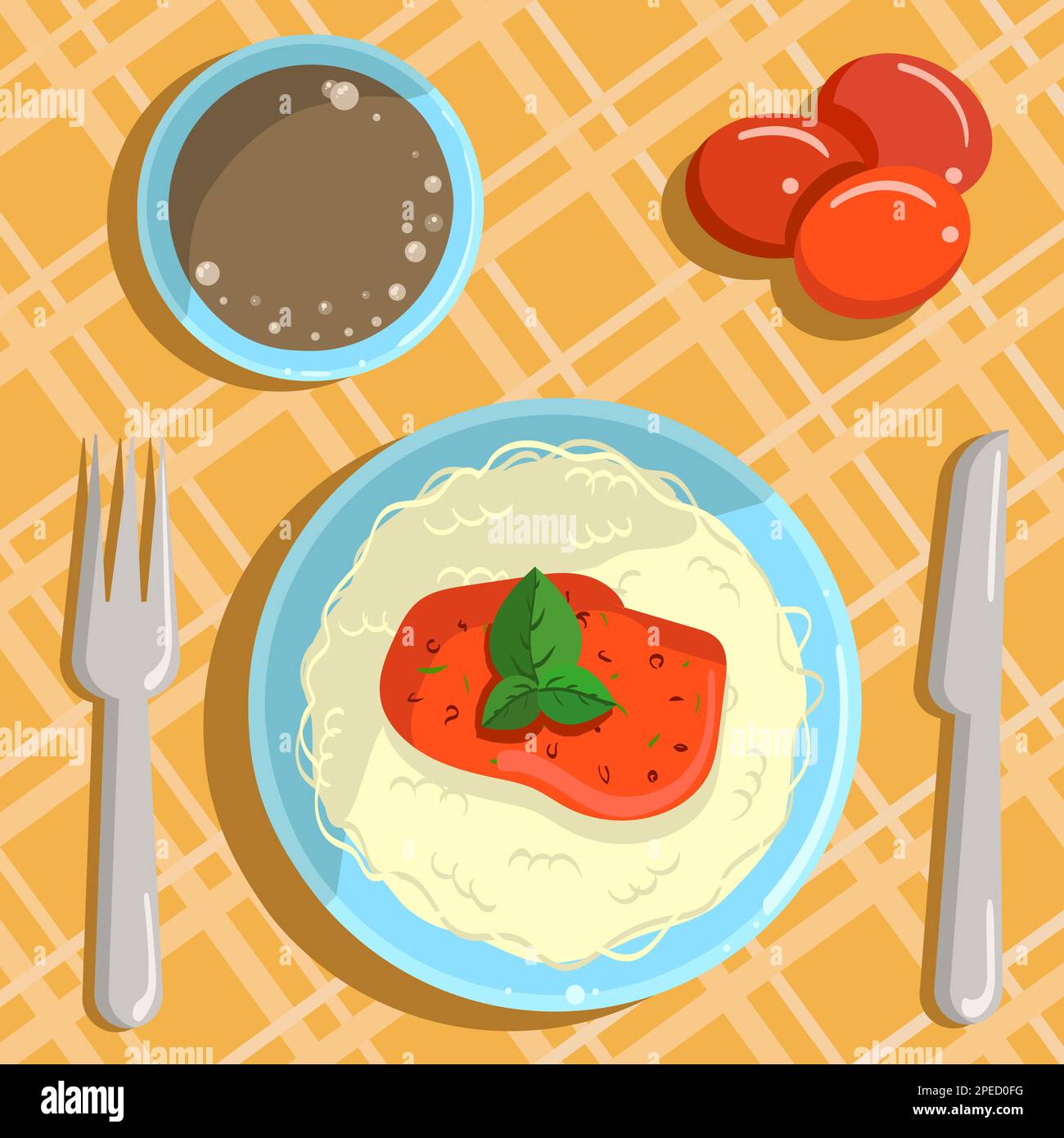 Pasta dinner with sauce, tomatoes and cocoa Stock Vector Image & Art ...