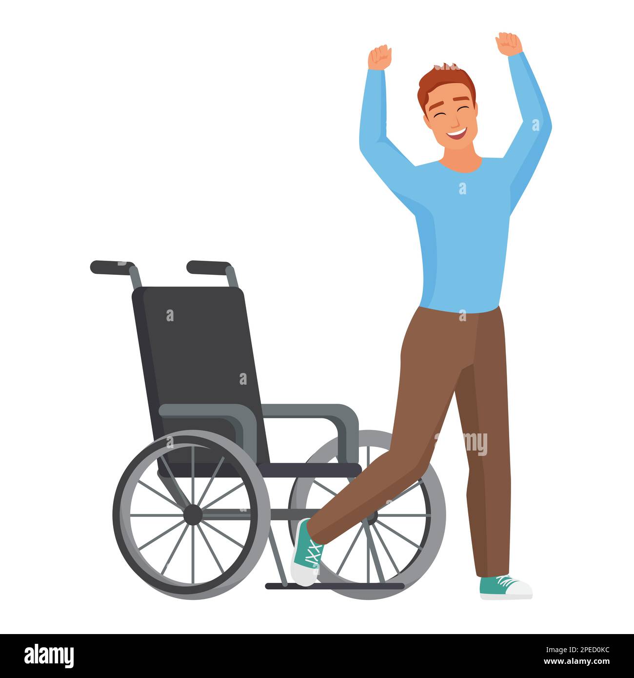 Excited boy got up from wheelchair. Happy recovery man with disable ...