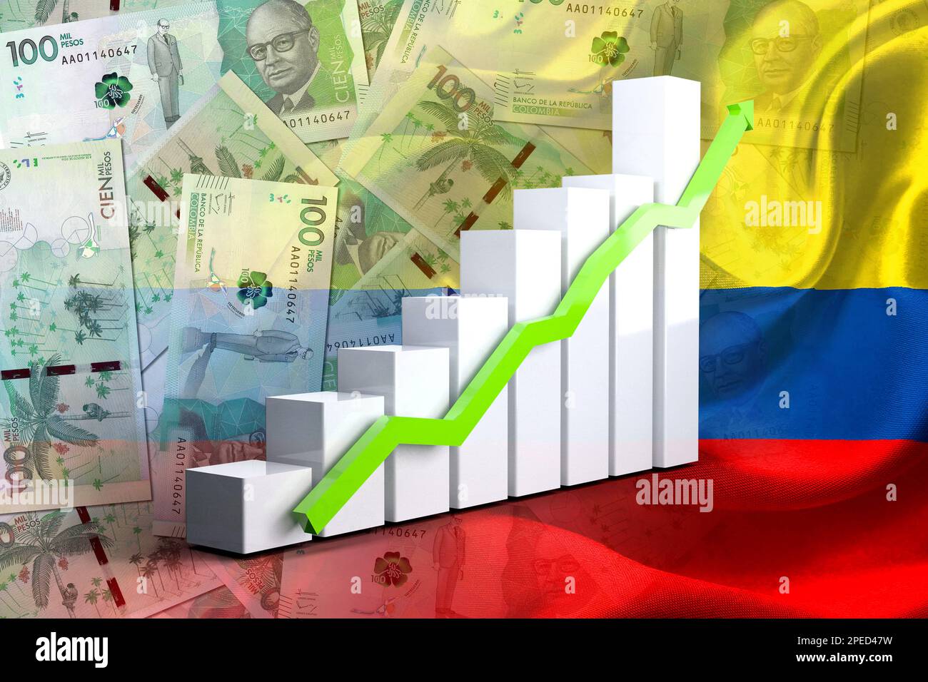 Economy graph: up arrow, 100,000 Colombian pesos bills in cash and ...