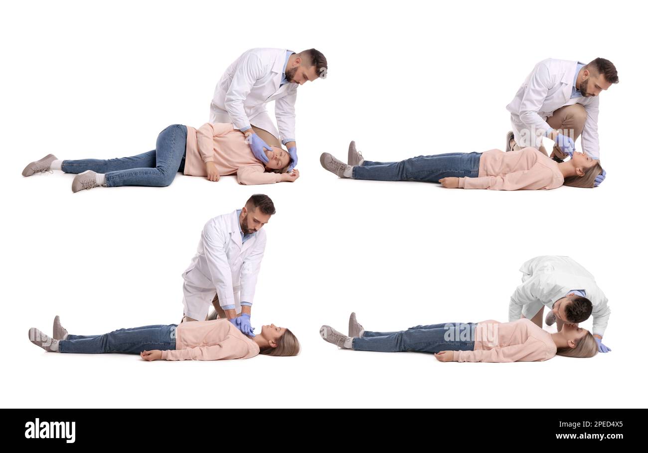 Doctor performing first aid on unconscious woman against white ...