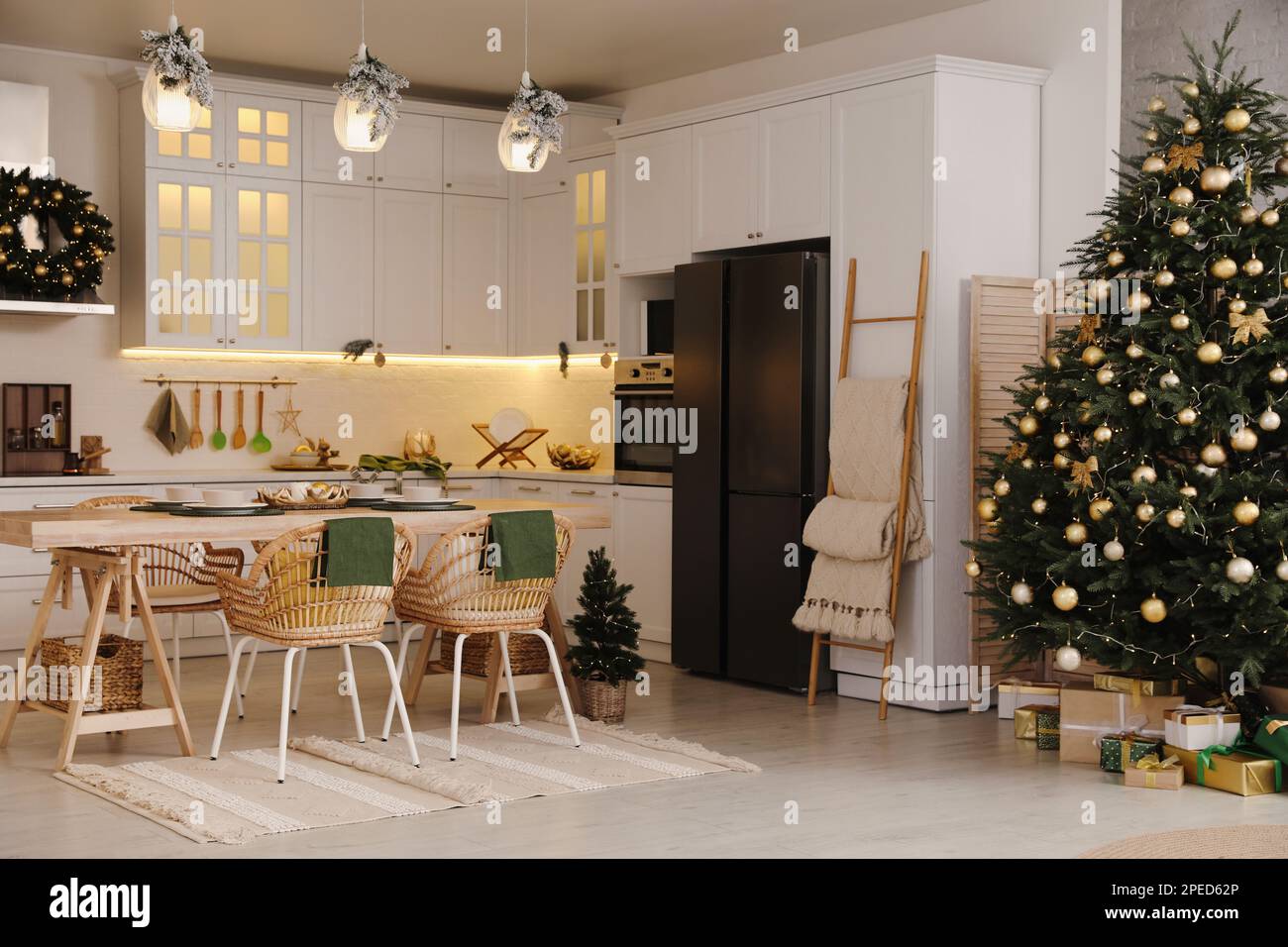 Cozy open plan kitchen decorated for Christmas. Interior design Stock ...