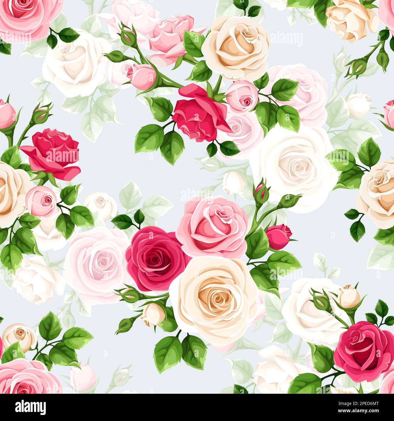 Seamless floral pattern with red, pink, and white rose flowers on a ...